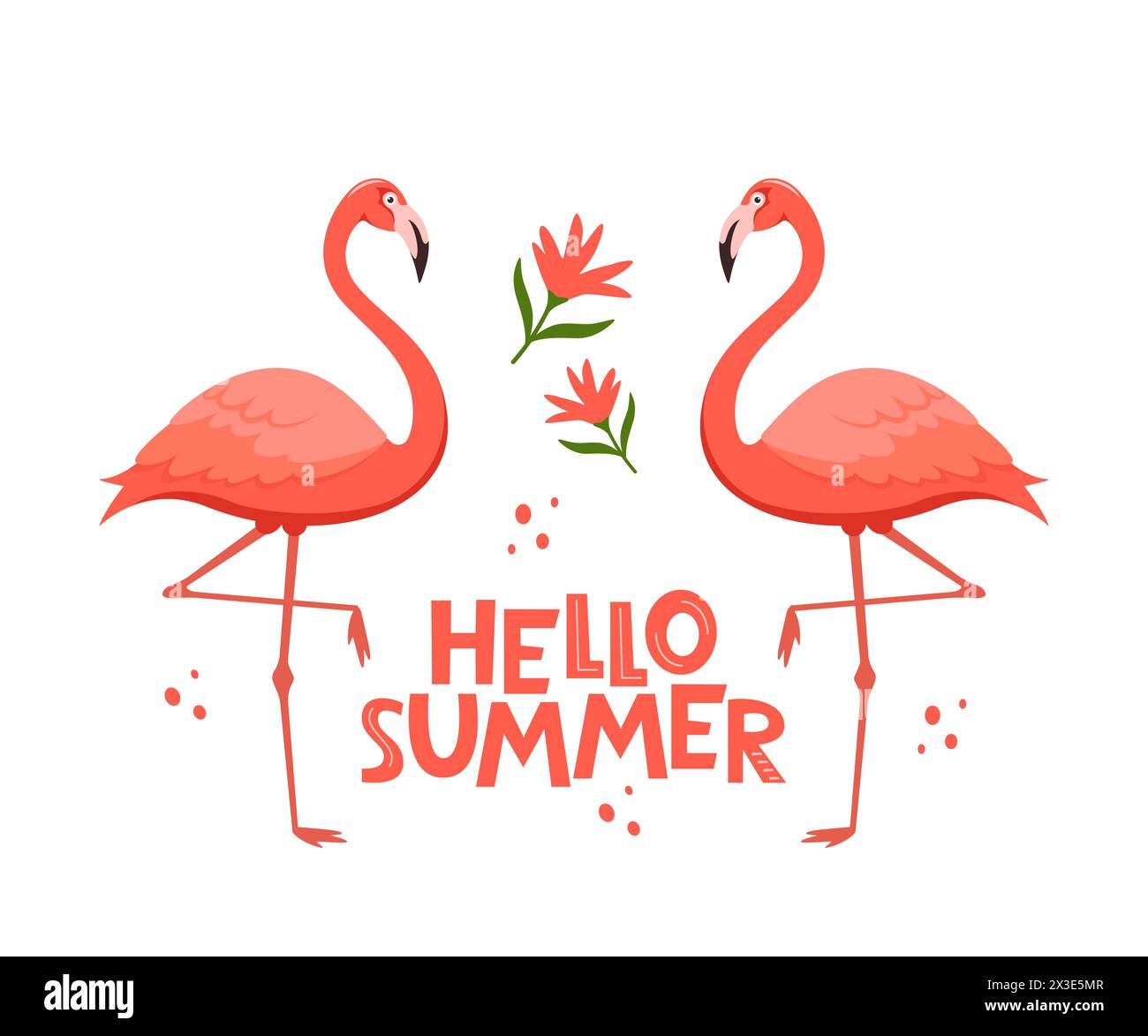 Flamingo birds with exotic tropical flowers and Hello Summer lettering ...