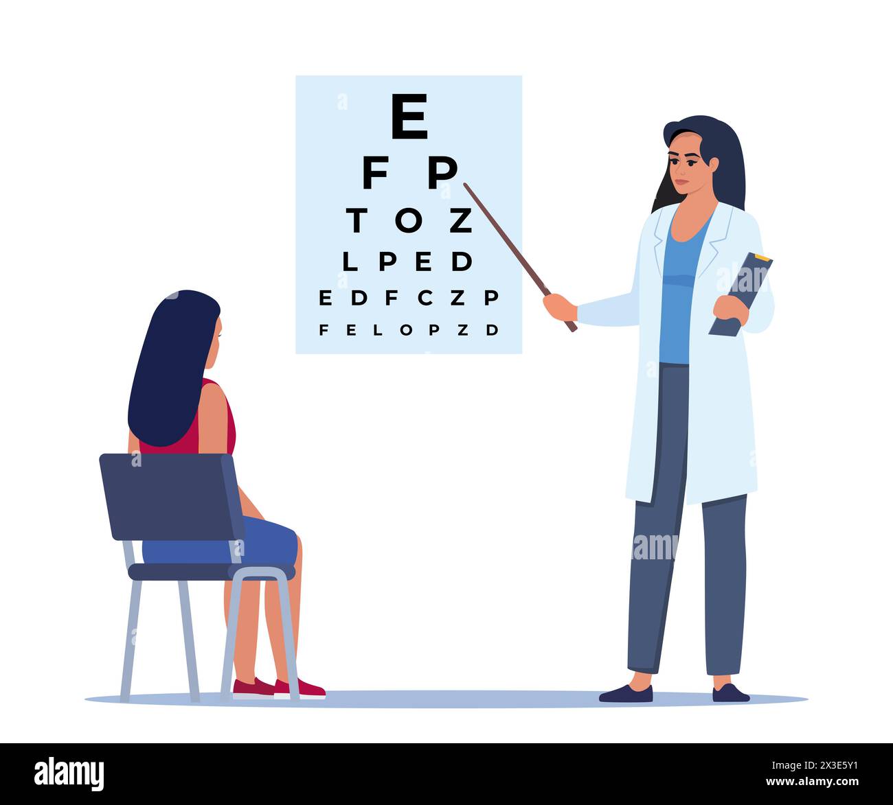Oculist standing near eye test board and showing letter to patient ...