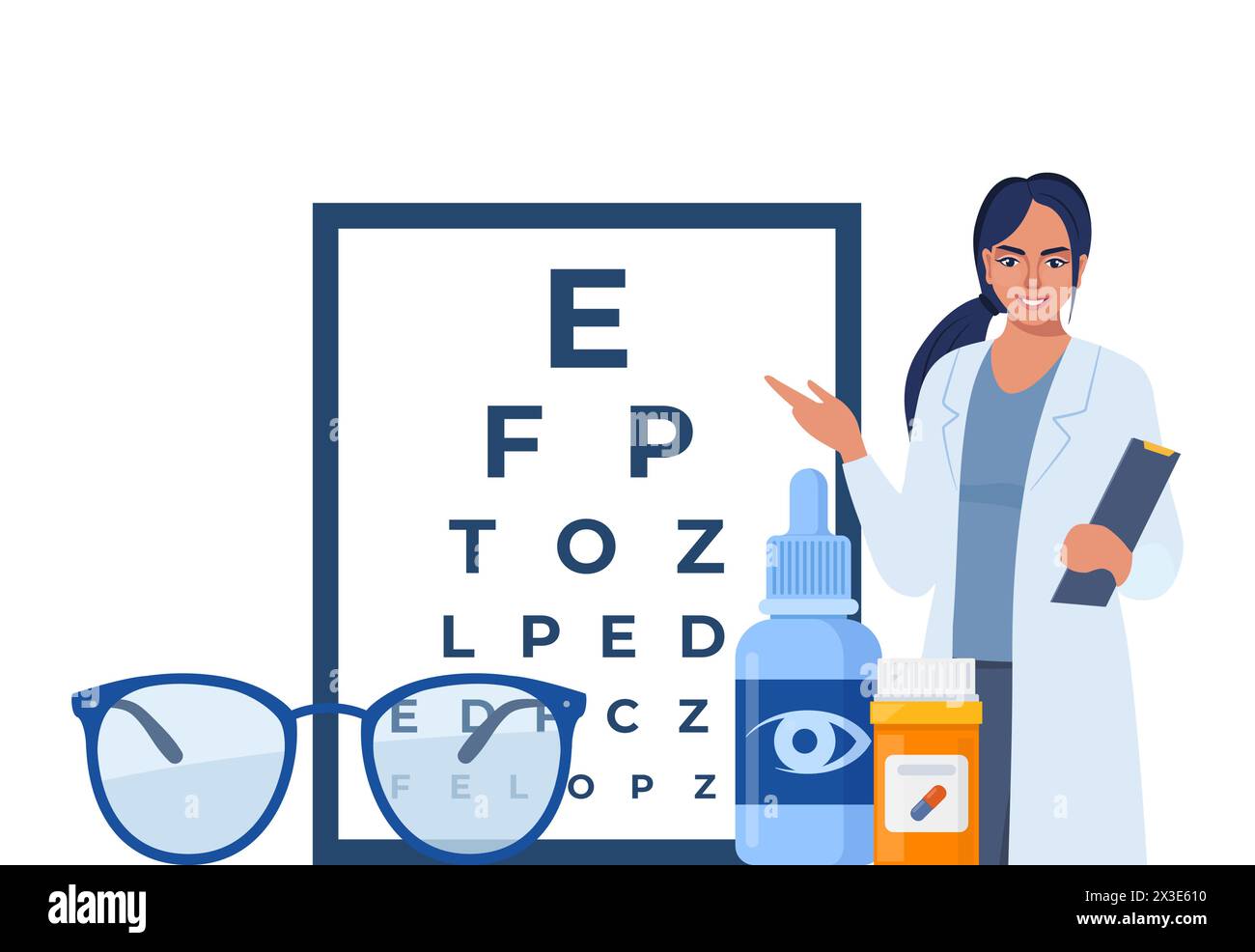 Ophthalmology icon composition. Glasses, eye drops, contact lenses ...
