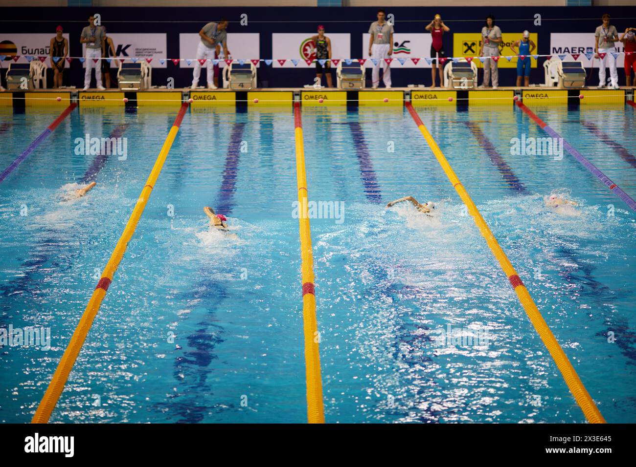 KAZAN, RUSSIA - DEC 09, 2017: Female athletes swim in Burevestnik basin ...