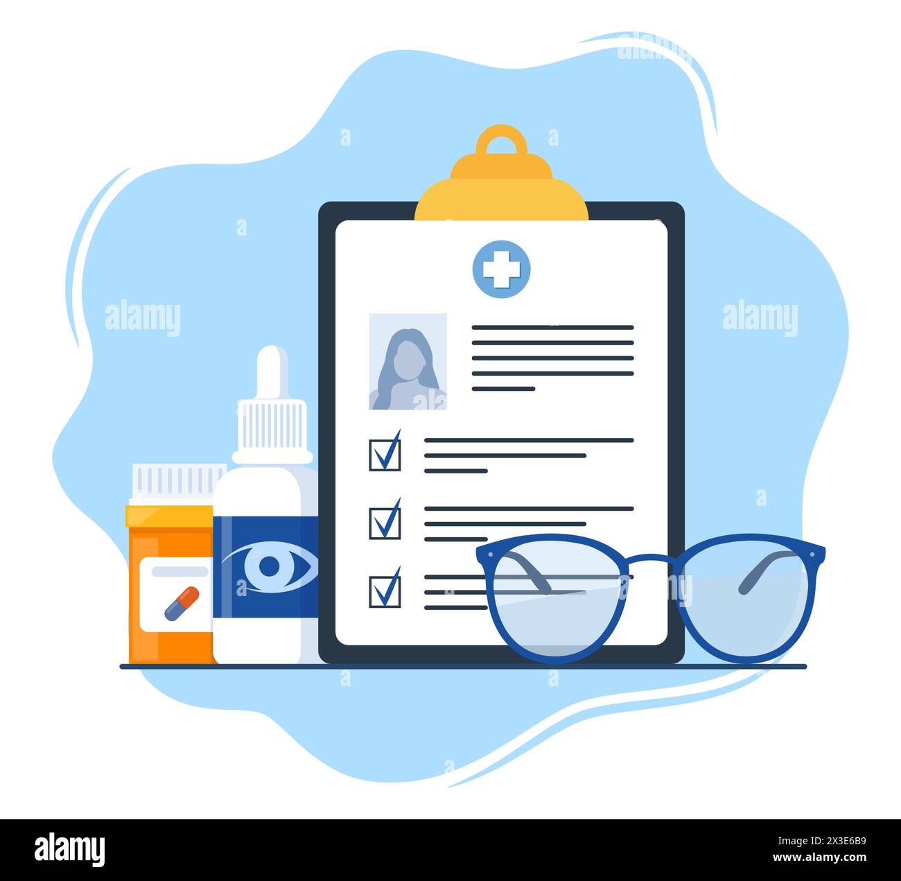 Ophthalmology icon composition. Glasses, eye drops, contact lenses ...