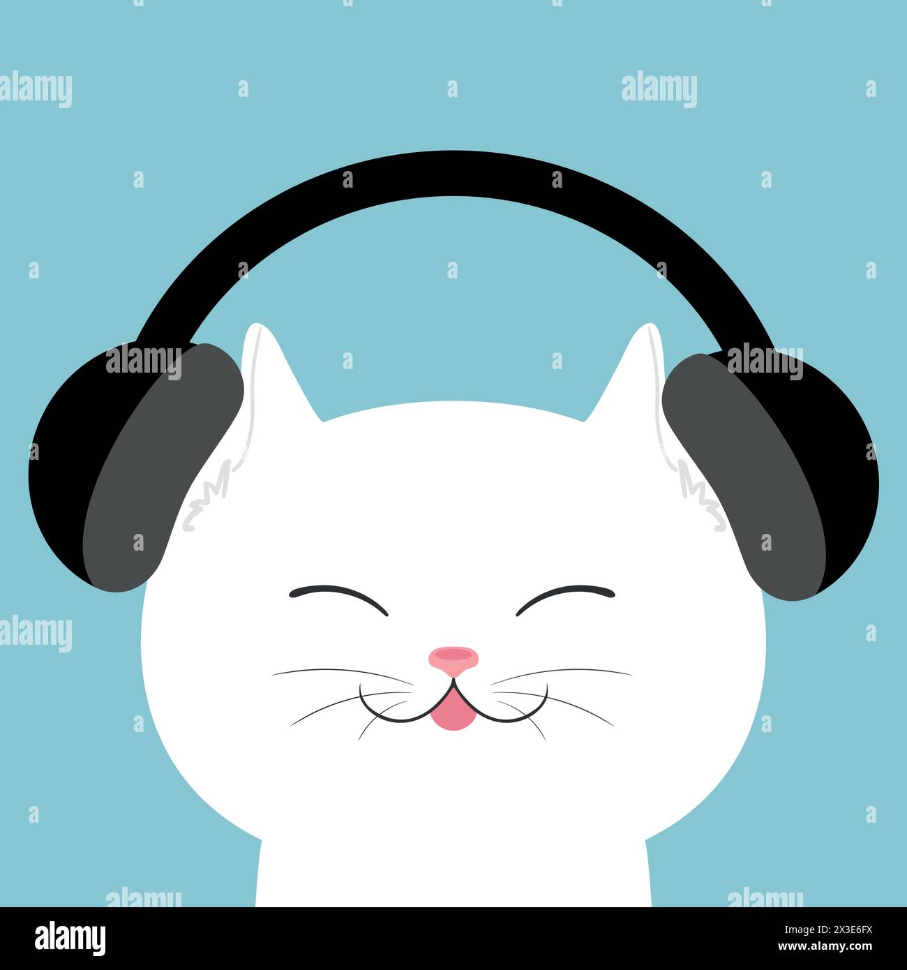 Cartoon white cat in headphones. Cat listens to music. Vector ...