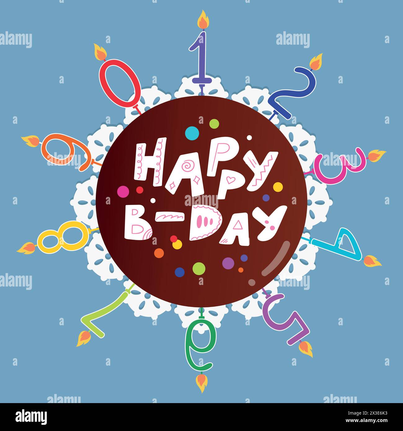 Set of candle numbers on birthday cake. Happy B-day cake with chocolate glaze. Birthday candles ...