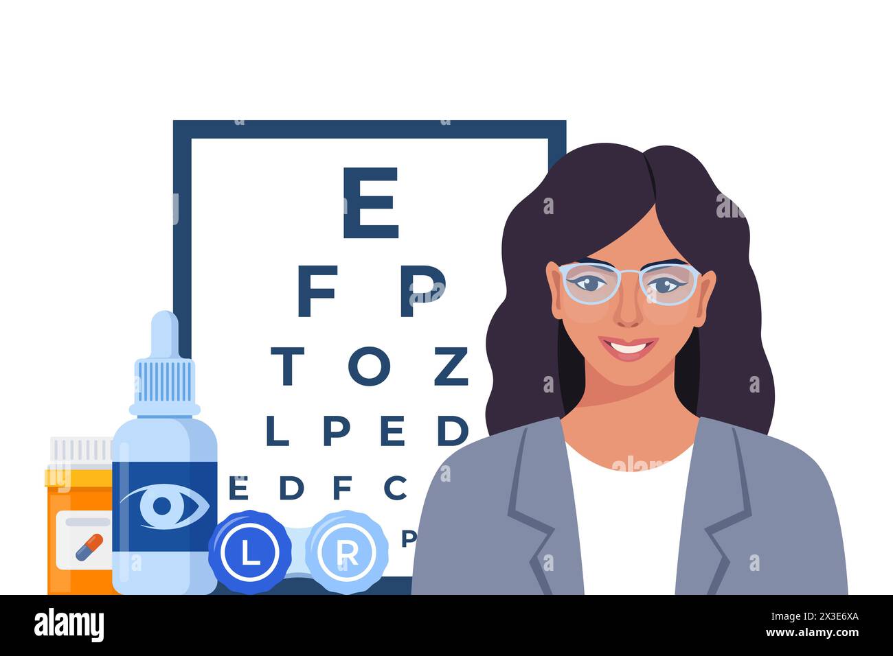 Ophthalmology icon composition. Glasses, eye drops, contact lenses ...