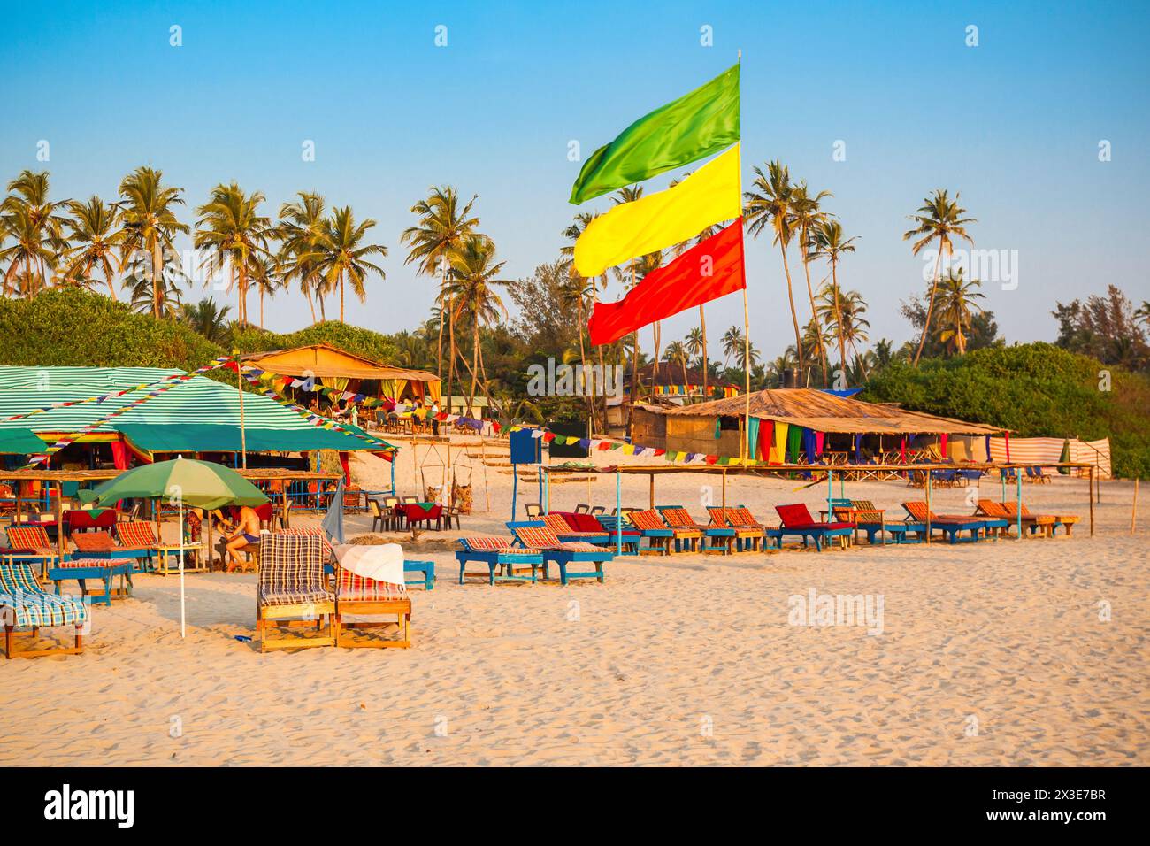 Beach restaurant shacks and sunbeds on Arambol beach in north Goa ...