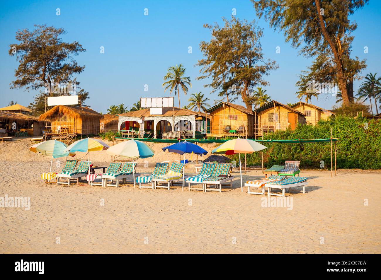 Beach huts and sunbeds on Arambol beach in north Goa, India Stock Photo ...
