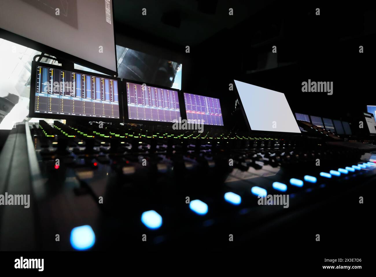 Dark recording studio with modern equipment on movie studio, cinema ...
