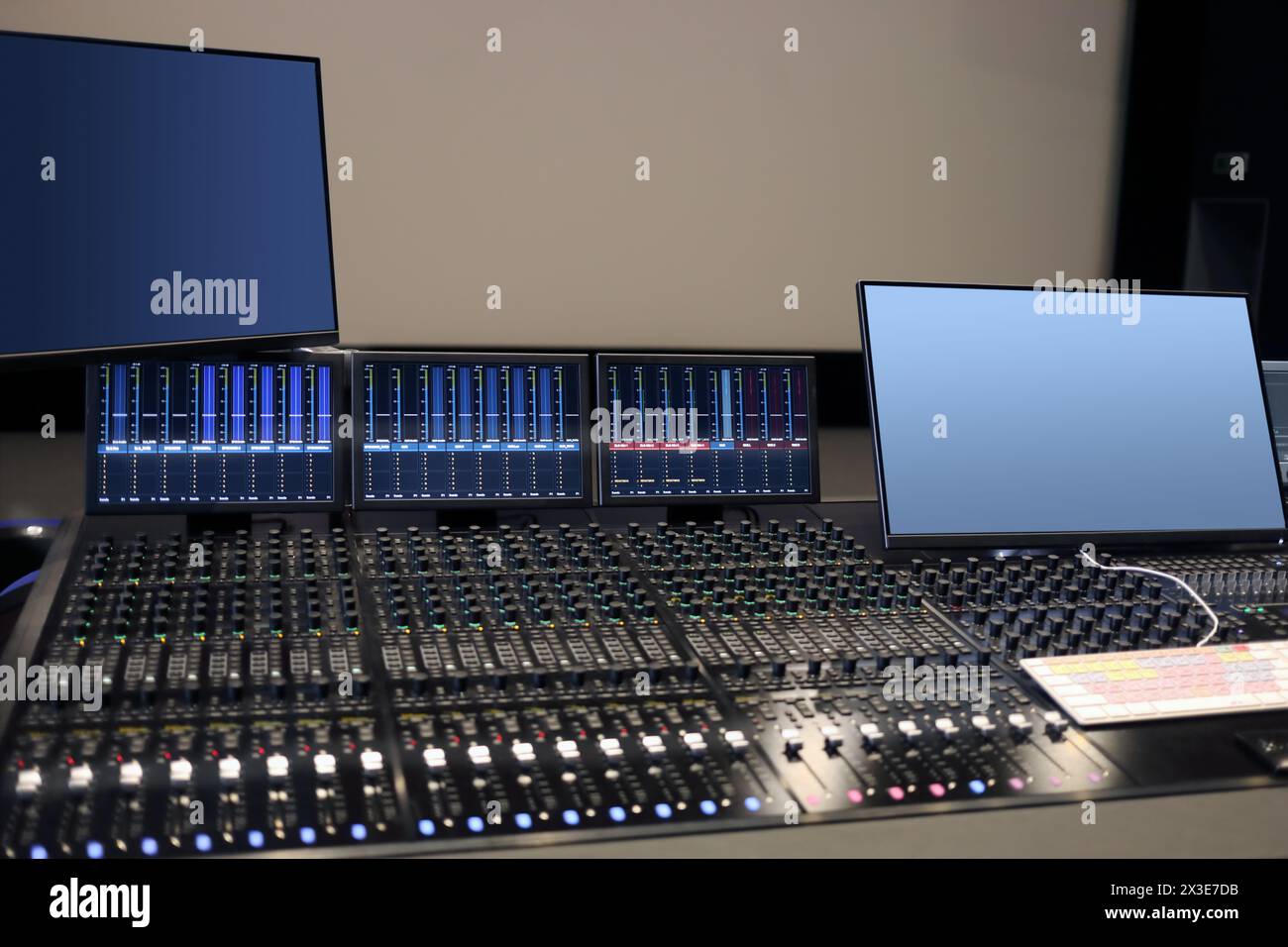 Empty modern recording studio with special equipment, cinema display ...