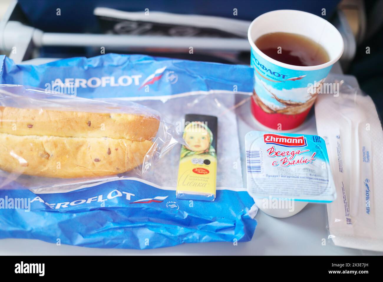 MOSCOW - MAR 4, 2017: Breakfast in Aeroflot airplane during flight ...