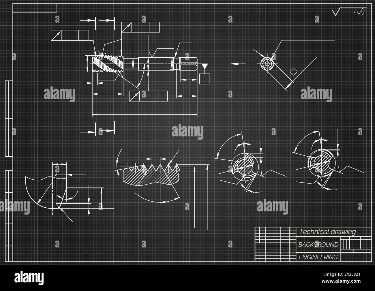 Mechanical engineering drawings on light background. Tap tools, borer ...