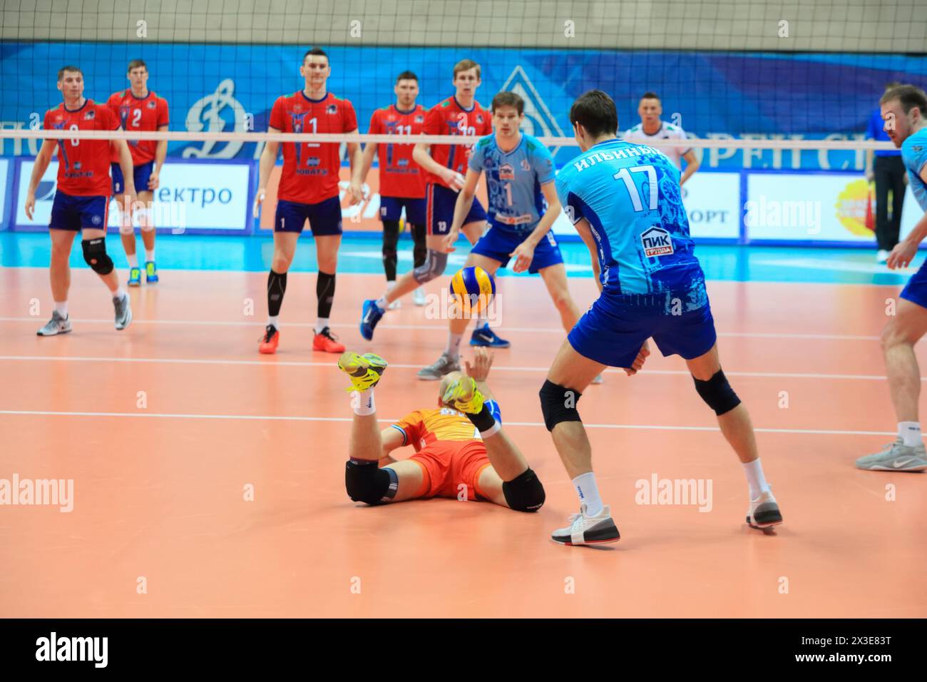 MOSCOW - APR 8, 2017: Libero saves ball, does dig at match of Russian ...