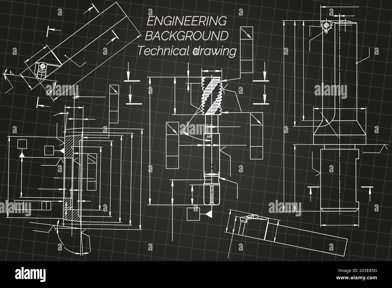 Mechanical engineering drawings on black background. Tap tools, borer ...