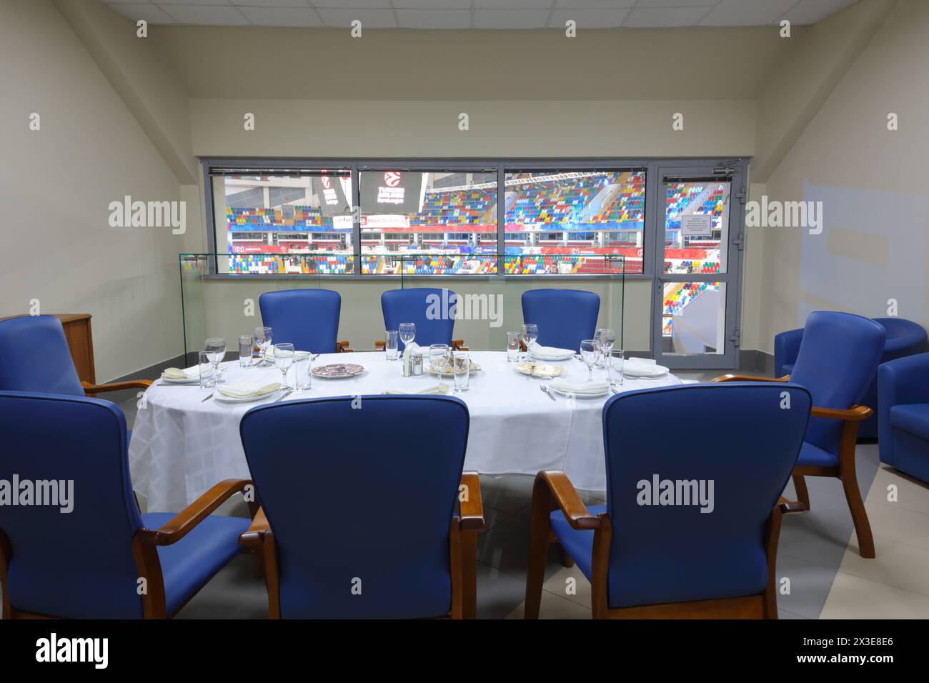 MOSCOW - APR 7, 2017: Empty referee room with served table in Megasport ...