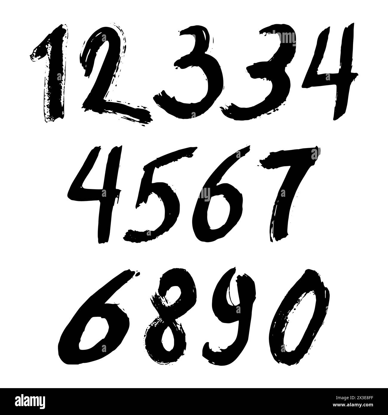 Set of calligraphic numbers painted by black brush on isolated white ...
