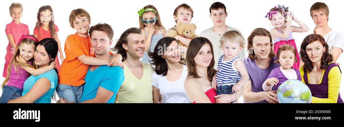 18 people - children, happy families pose isolated on white, collage ...