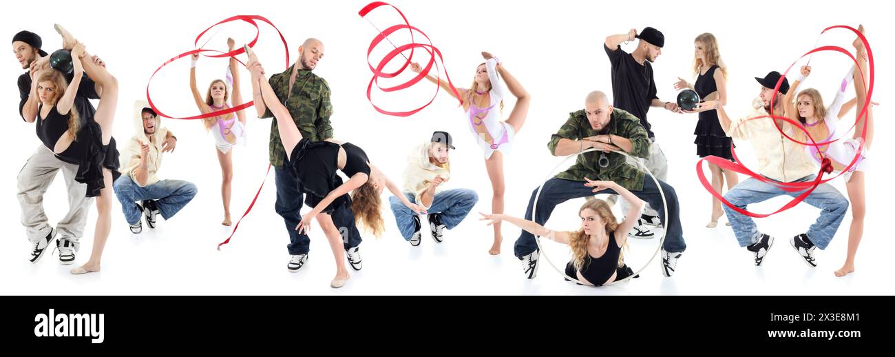 14 breakdancers and gymnast girls with ribbon isolated on white ...