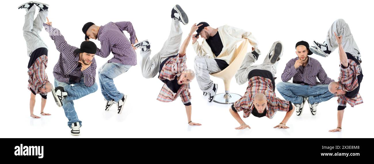 Eight breakdancers pose isolated on white, collage with one model Stock ...