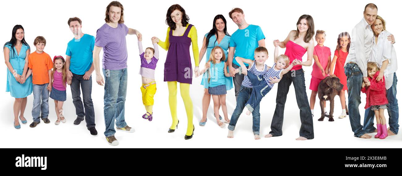 18 people - happy families pose isolated on white, collage with 15 ...