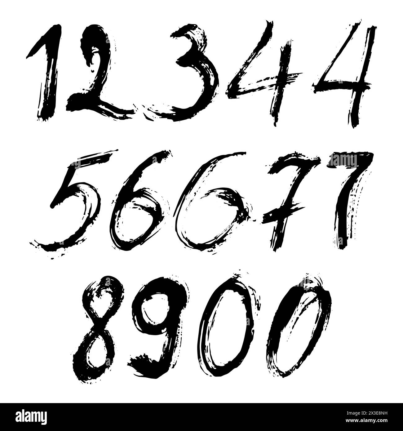 Set of calligraphic numbers painted by black brush on isolated white ...