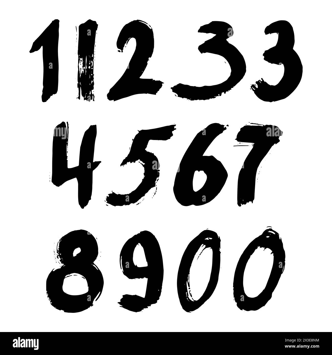 Set of calligraphic numbers painted by black brush on isolated white ...