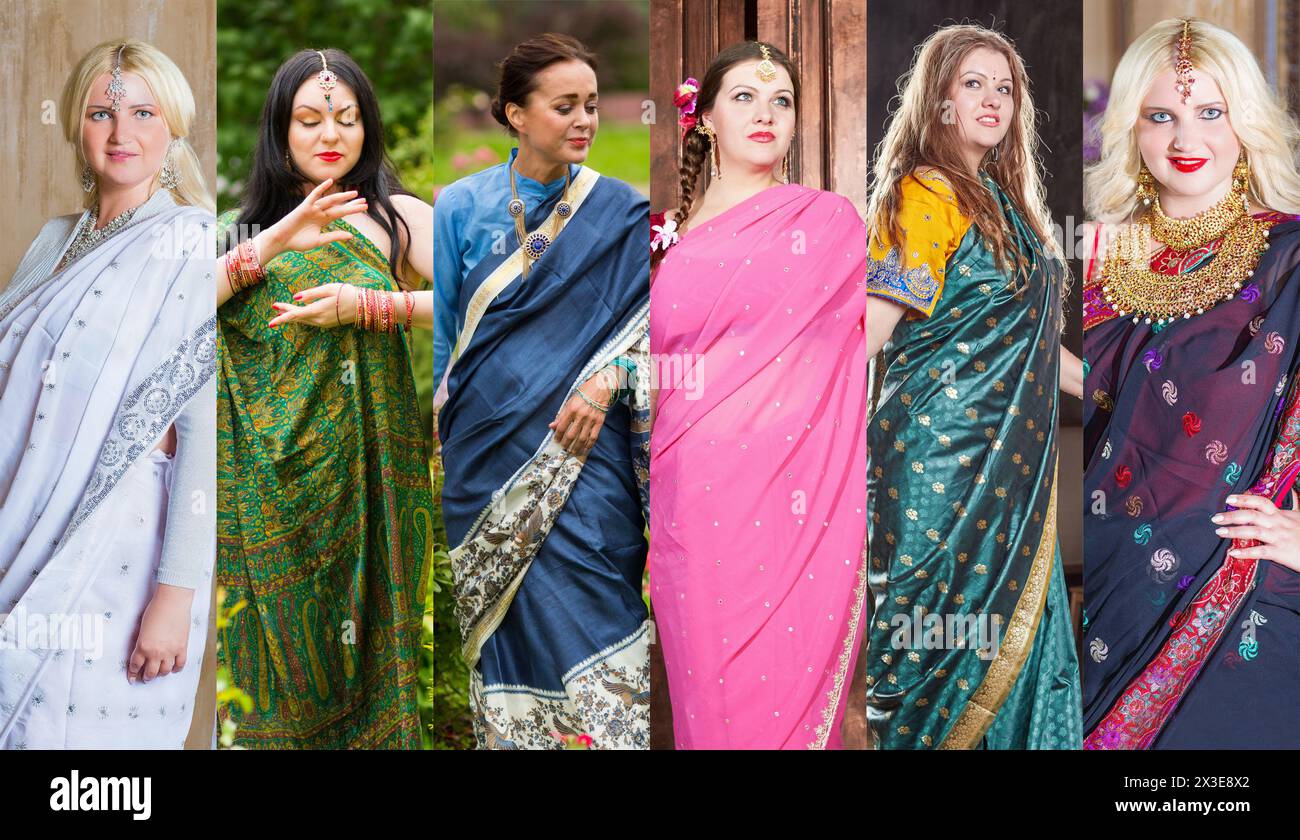 Six pretty women pose in indian national costumes, collage with four ...