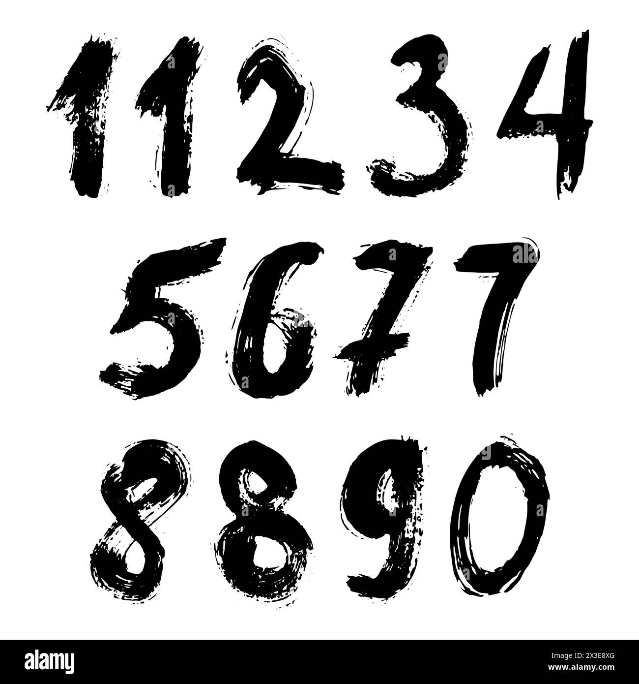Set of calligraphic numbers painted by black brush on isolated white ...