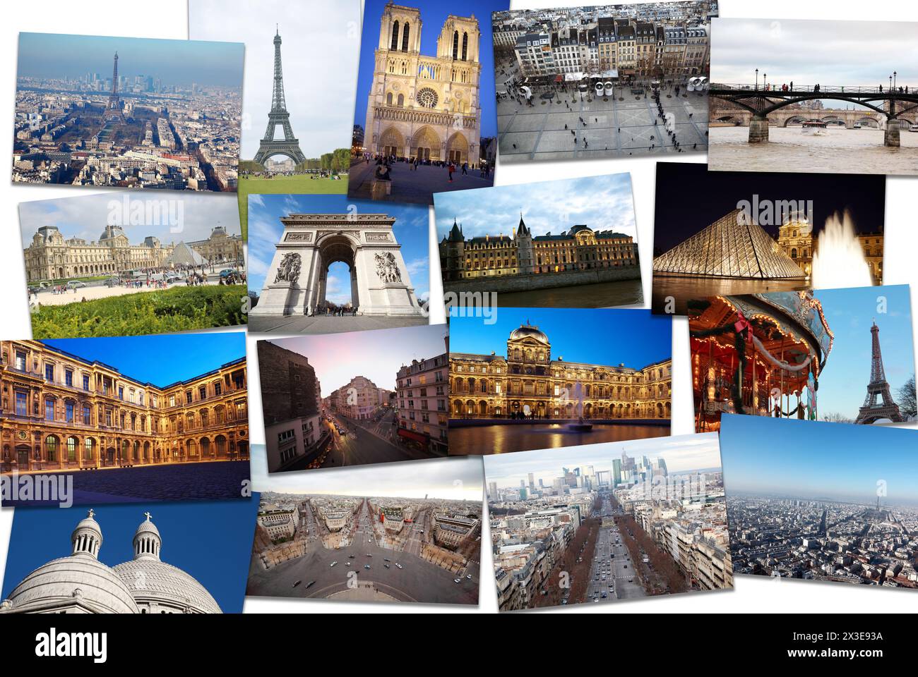 Collage with Paris views - Eiffel Tower, Arc de Triomphe, Louvre, Notre Dame de Paris Cathedral ...