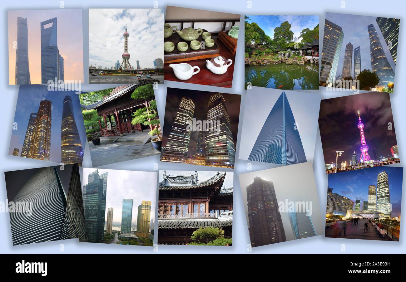 Collage with Shanghai city, TV tower Oriental Pearl, Yuyuan Garden in ...