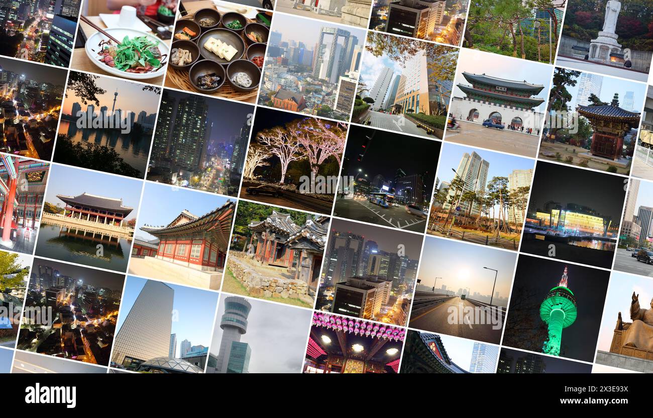 Collage with pagodas, TV tower, skyscrapers, national food, monuments ...