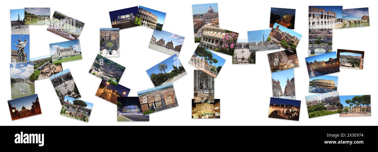 Collage with Rome letters with Colosseum, Trevi Fountain, Saint Peter ...