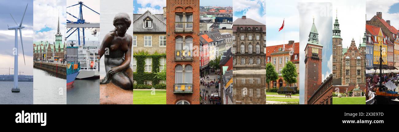 Collage with Copenhagen (Denmark) views - Little Mermaid statue, cargo ...