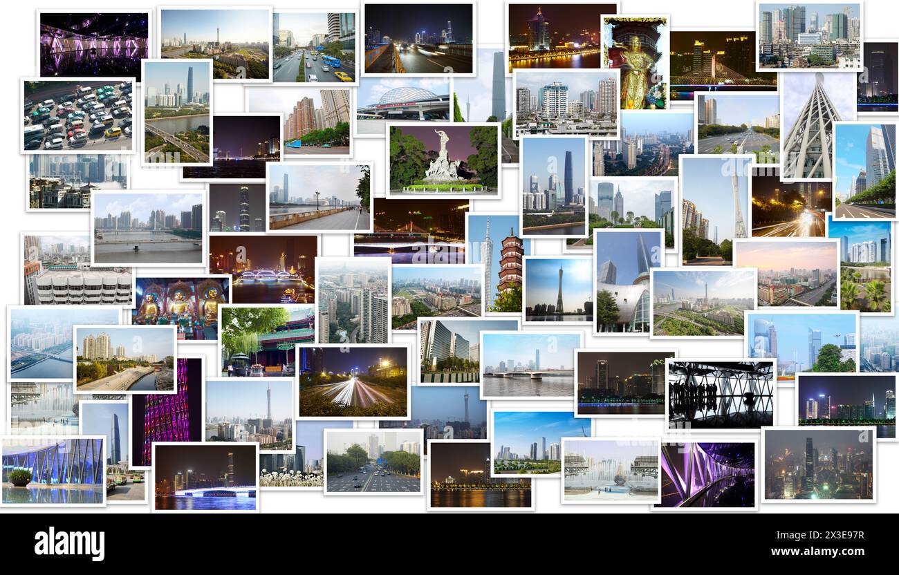 Collage with Guangzhou Canton TV Tower, many skyscrapers, Buddha ...