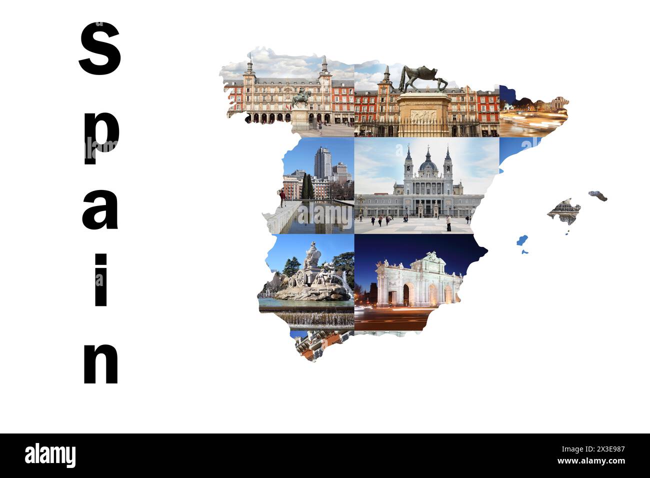 Collage with Spain map with Madrid views - Plaza Mayor, Cibeles ...