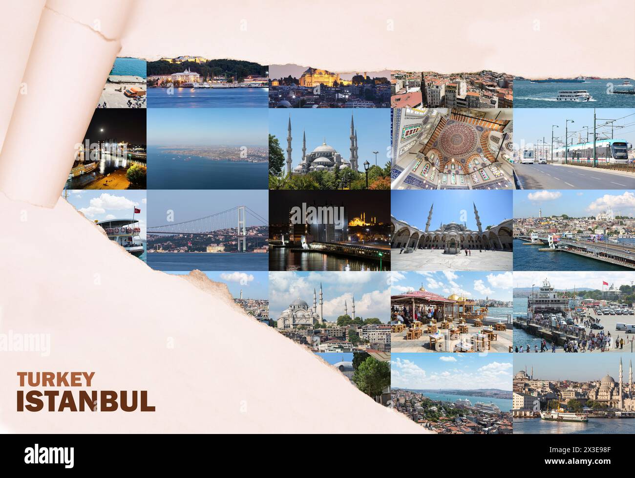 Collage with torn paper and Istanbul (Turkey) views - Hagia Sophia ...
