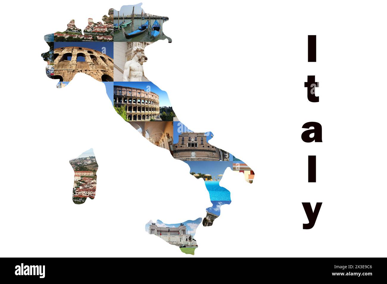 Collage with Italy map with Calabria, Coliseum in Rome, Venetian ...