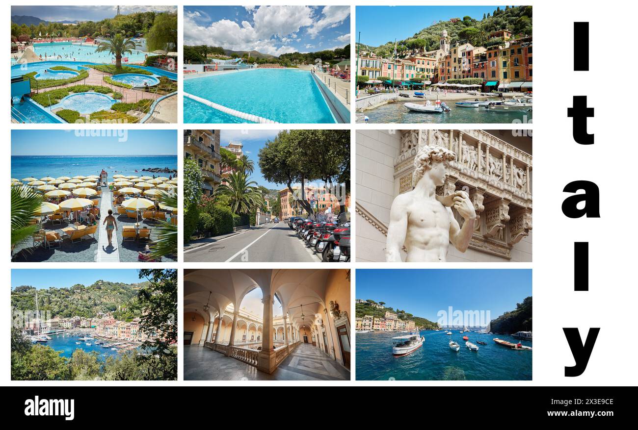 Collage with sunny Italy views of Ceriale, Portofino, Liguria, Genoa ...