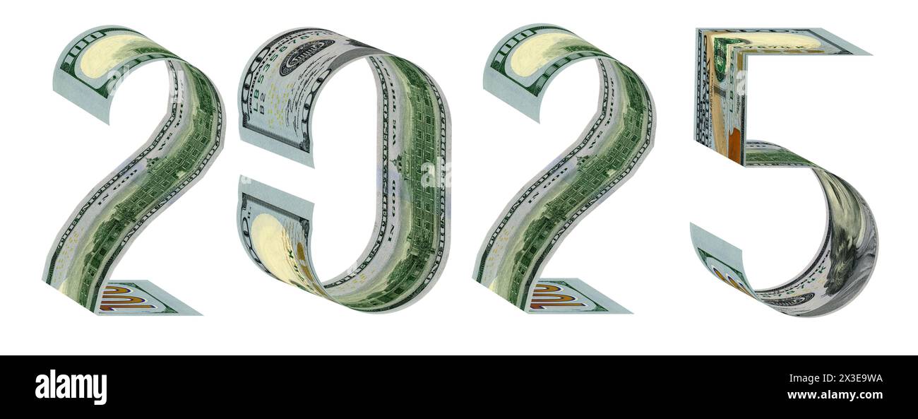 The inscription 2025 made of one hundred dollar banknotes 3D rendering ...