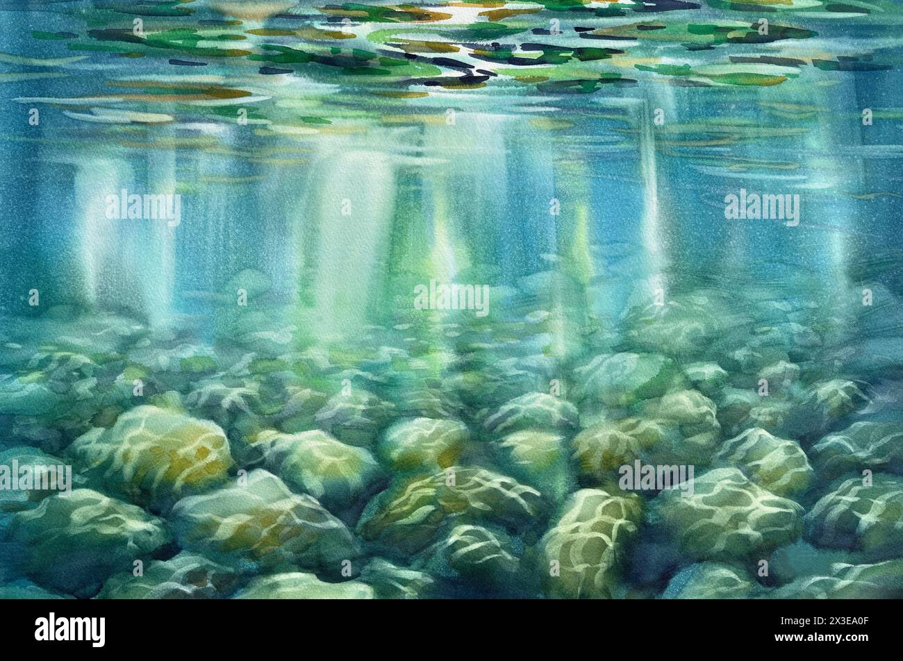 Sun rays and stones underwater watercolor background Stock Photo - Alamy