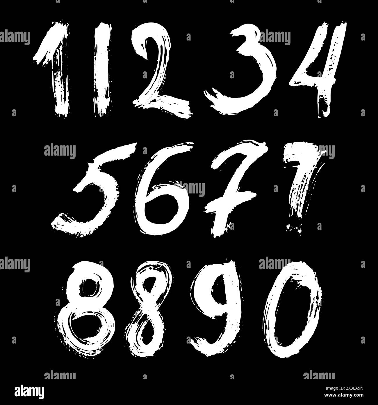 Set of calligraphic numbers painted by white brush on isolated black ...