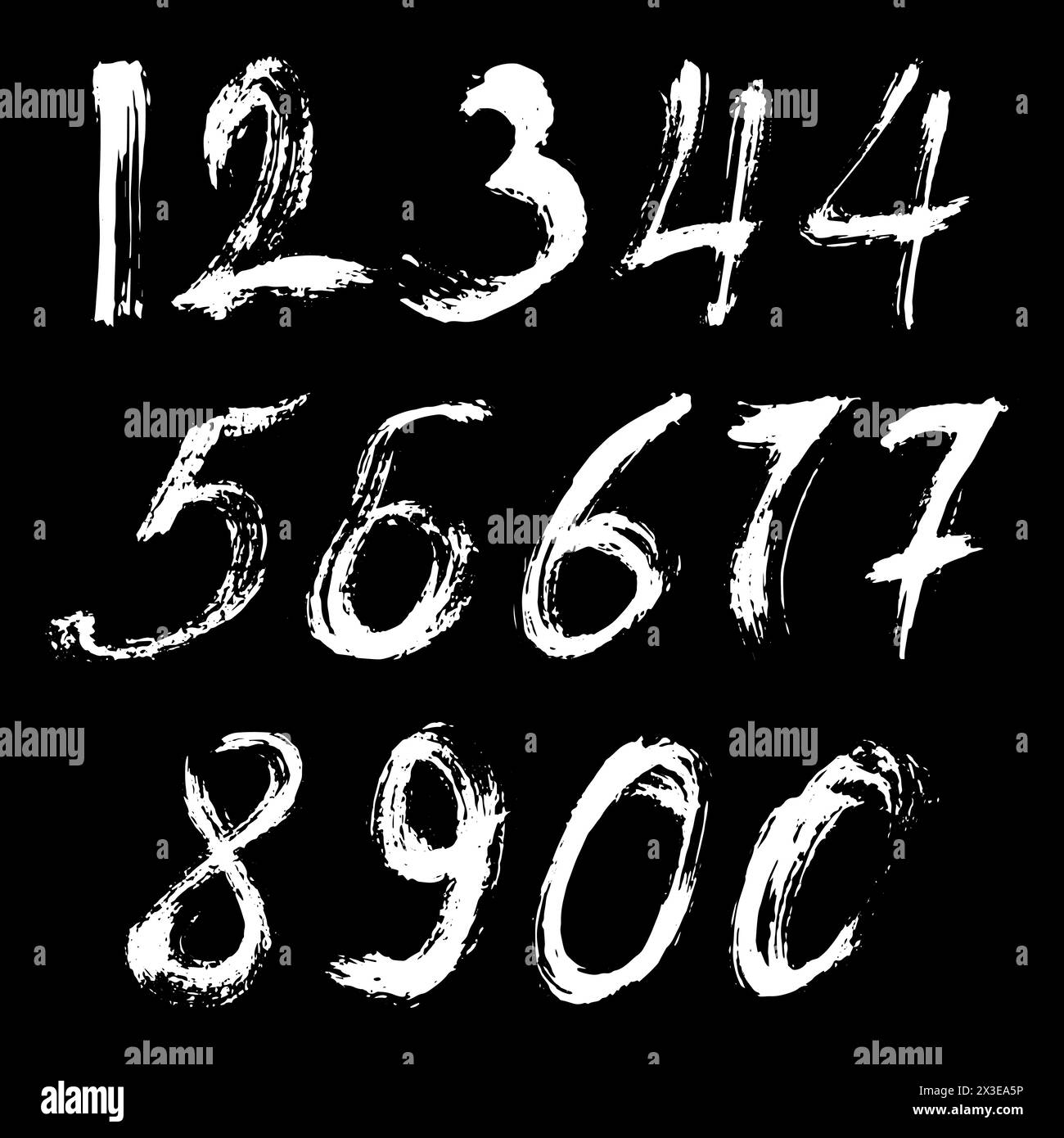 Set of calligraphic numbers painted by white brush on isolated black ...