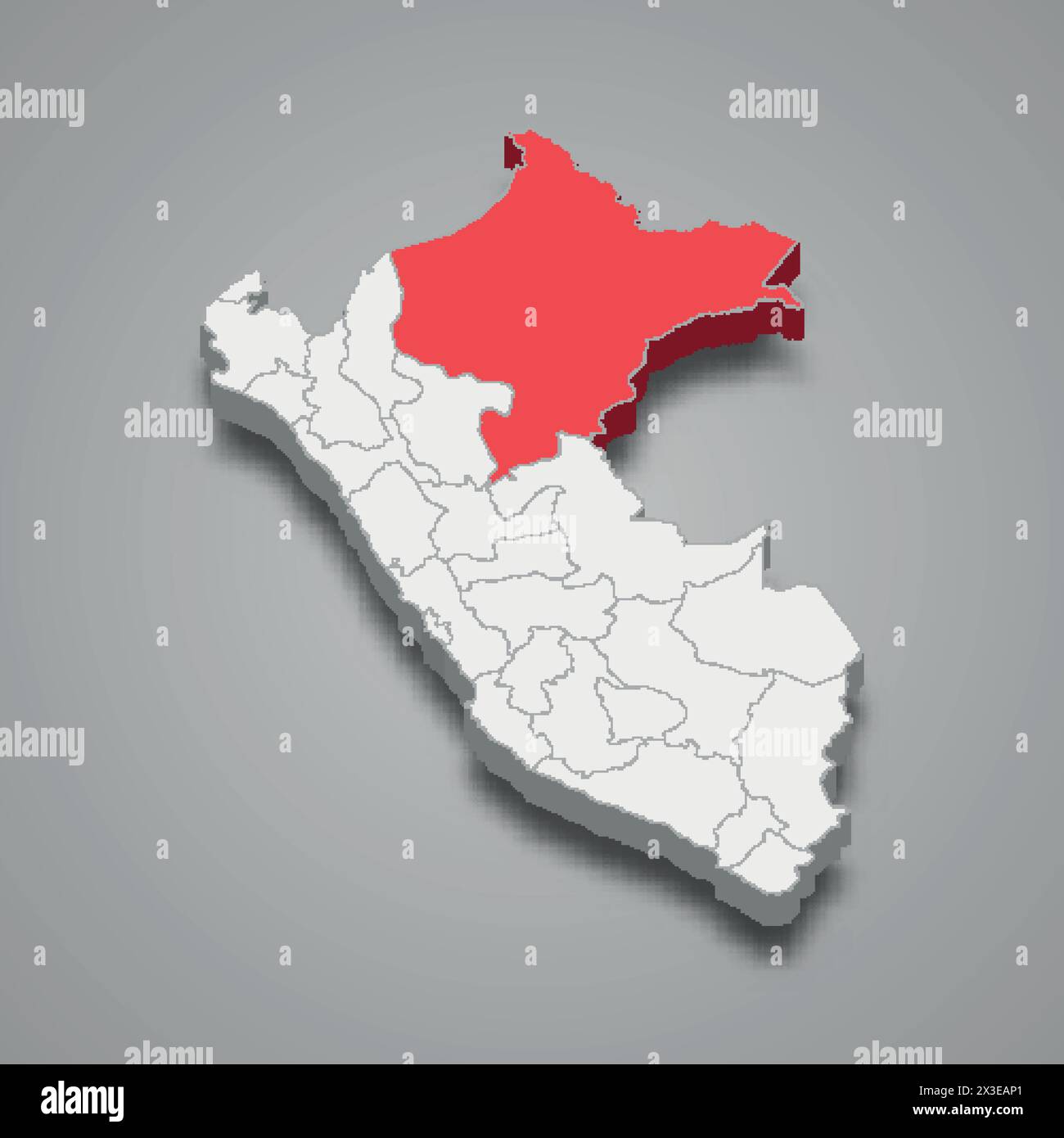 Loreto department highlighted in red on a grey Peru 3d map Stock Vector ...