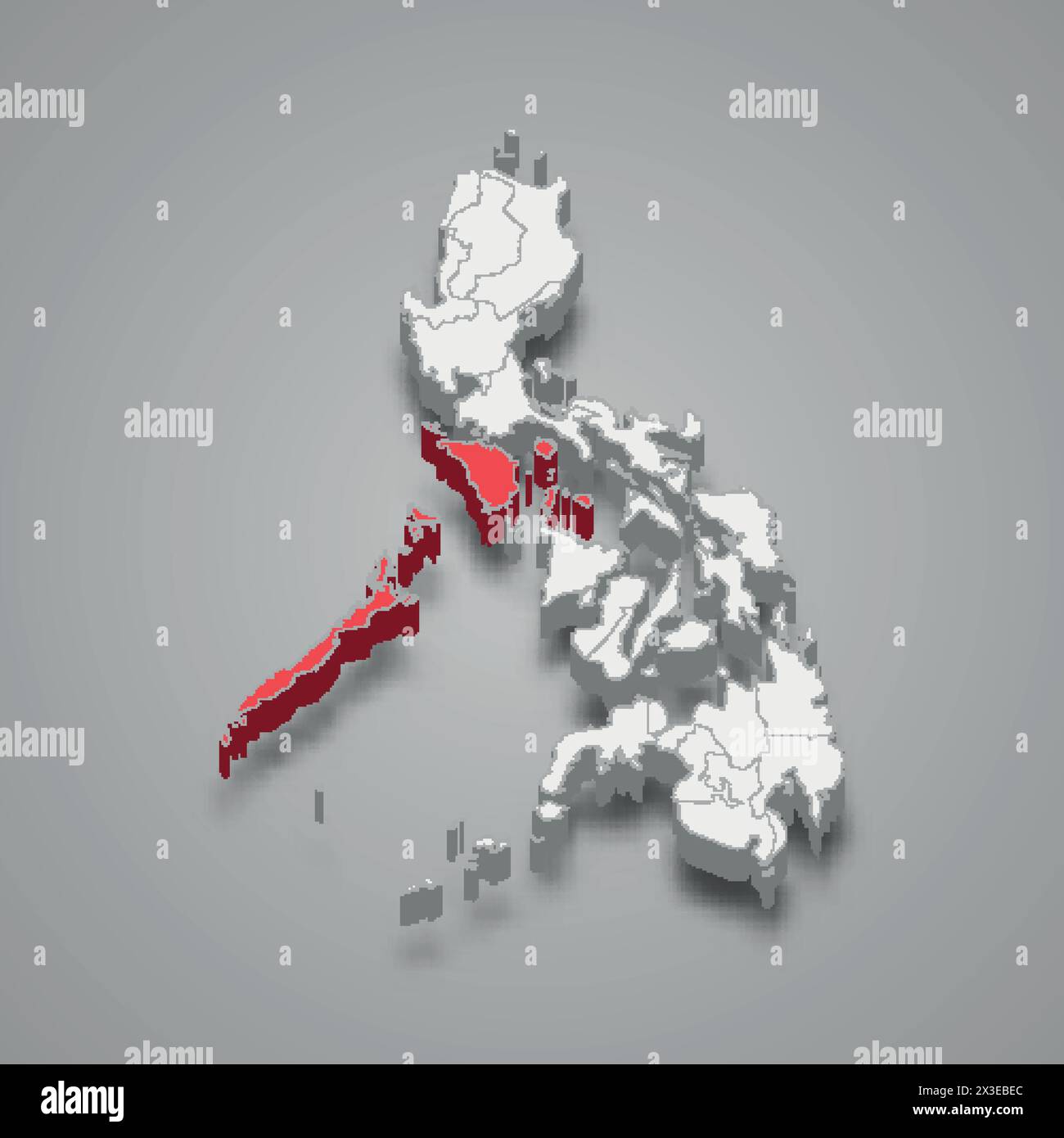 Mimaropa region highlighted in red on a grey Philippines 3d map Stock ...