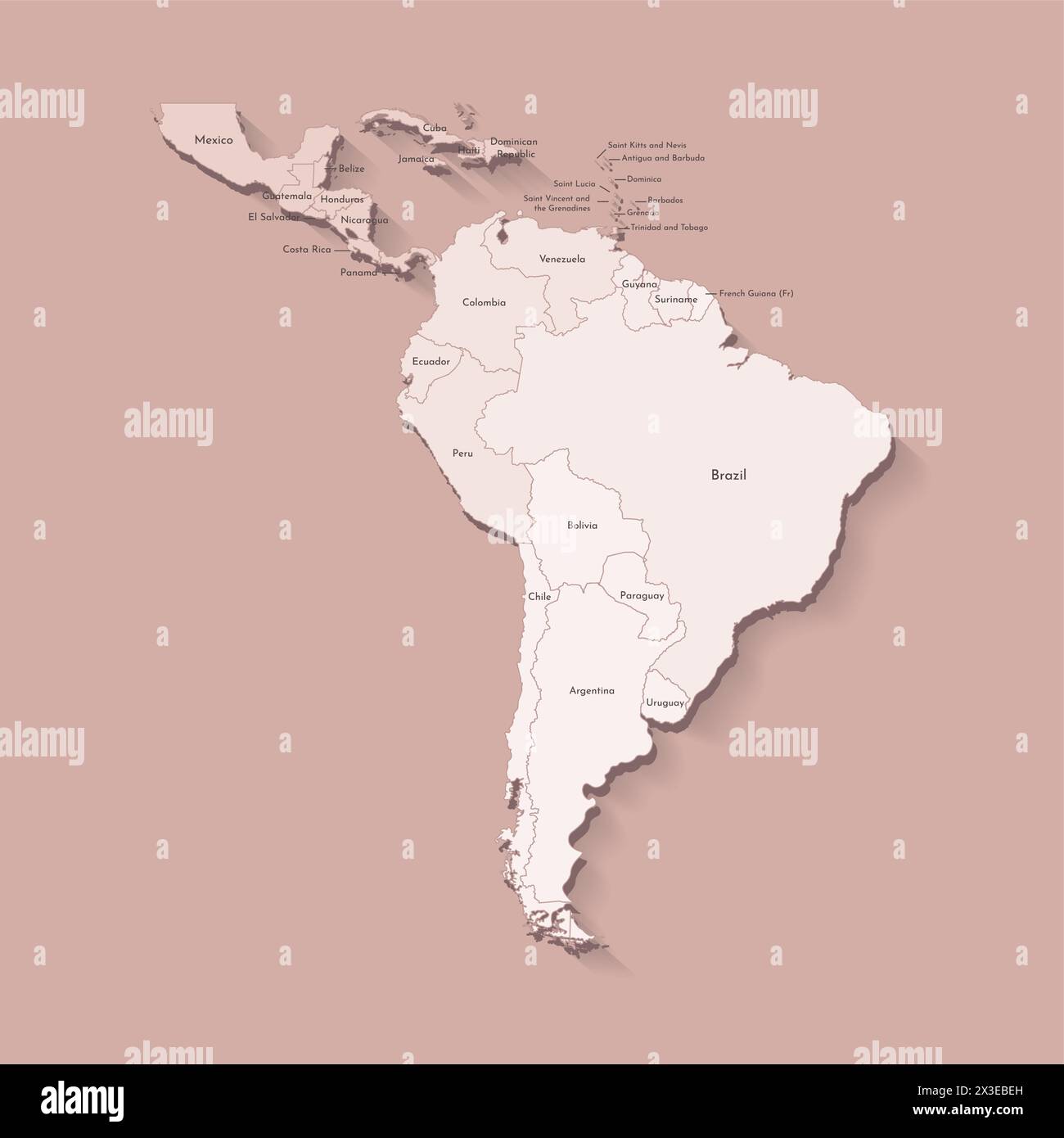 Vector illustration with South America land with borders of countries ...