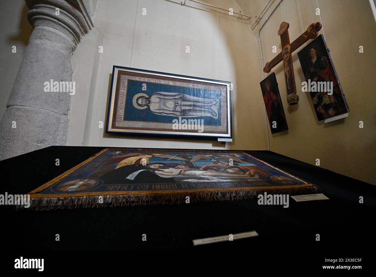 LVIV, UKRAINE - APRIL 25, 2024 - Old cloth icons, known as epitaphions ...