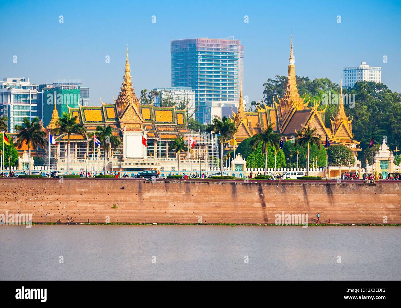 Phnom Penh city skyline and Tonle Sap River. Phnom Penh is the capital ...
