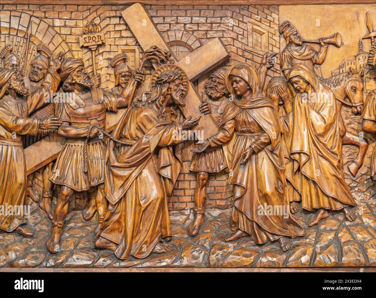 MILAN, ITALY - MARCH 5, 2024: The carved relief Jesus meet his mother ...