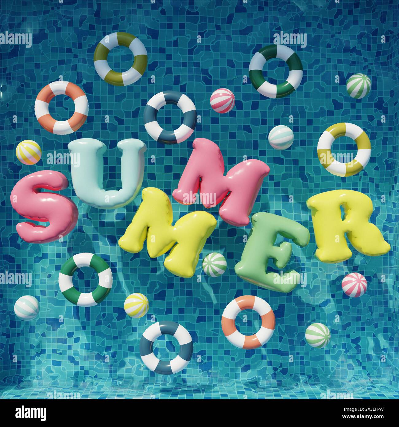 Swimming pool with balls, swim rings and summer letters. Summer ...