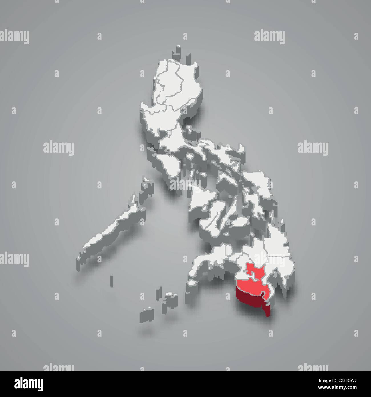 Soccsksargen region highlighted in red on a grey Philippines 3d map ...