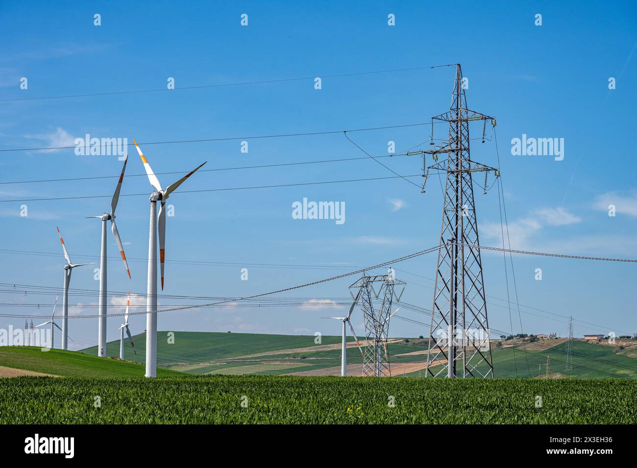 Electricity pylons with power lines and wind turbines seen in Puglia ...