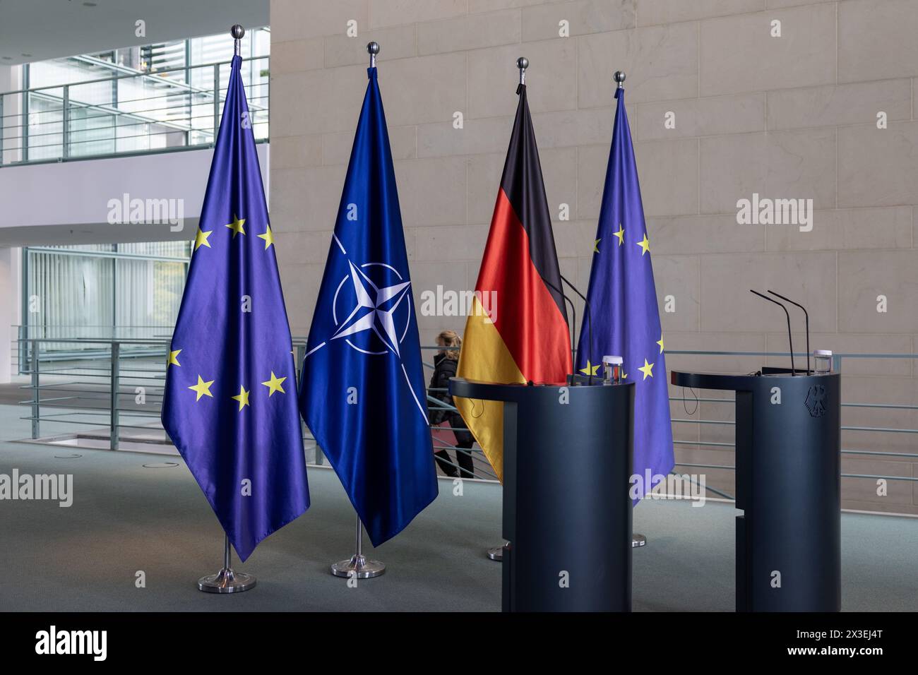 Berlin, Germany. 26th Apr, 2024. Flags of NATO (l-r), the EU and ...
